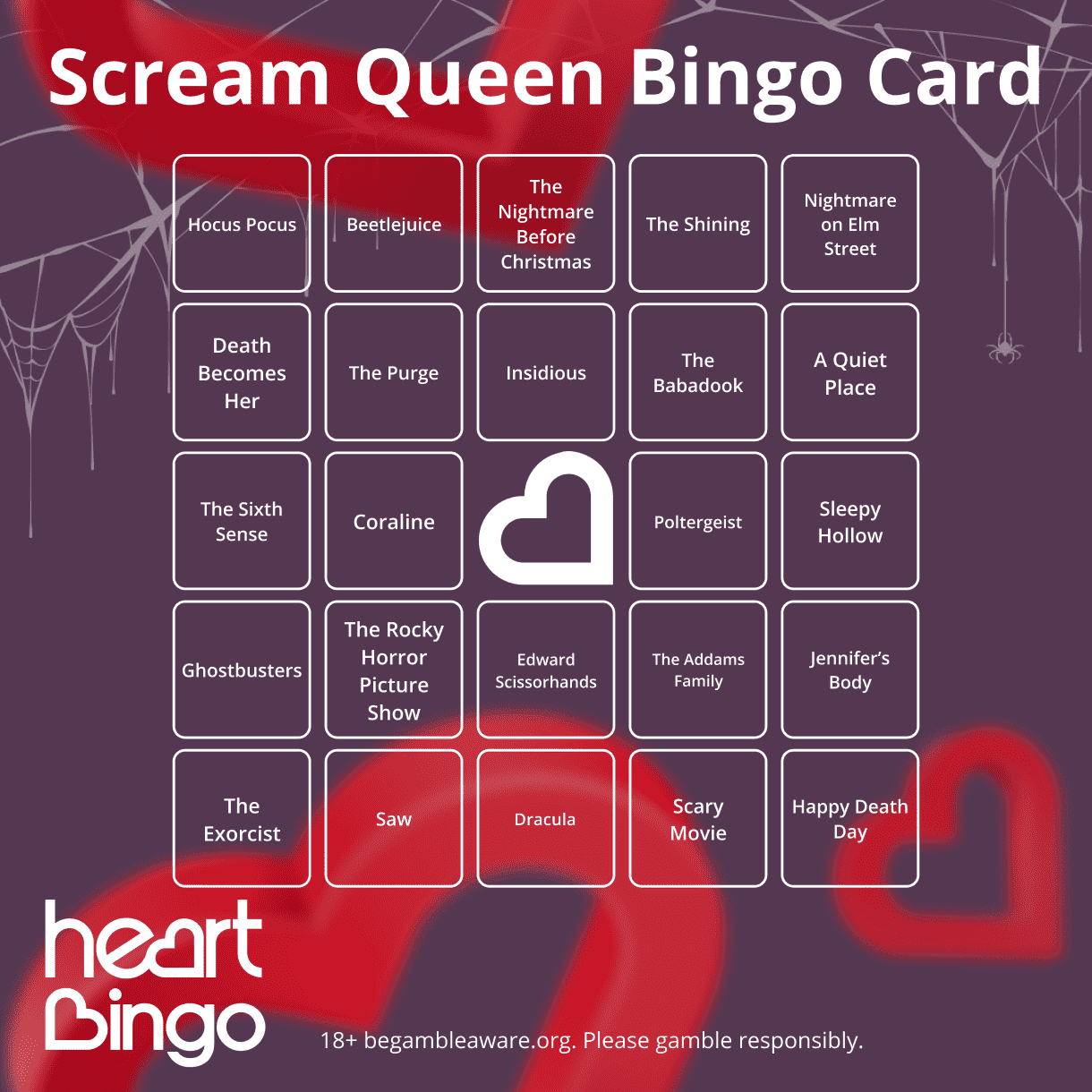 Halloween Bingo Card for Adults - Heart Bingo