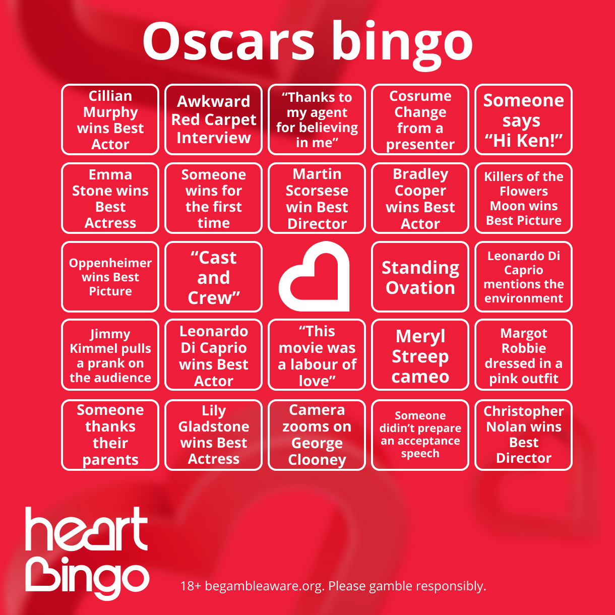 Oscar Awards Bingo Cards from an Award Winning Bingo Site - Heart Bingo Blog